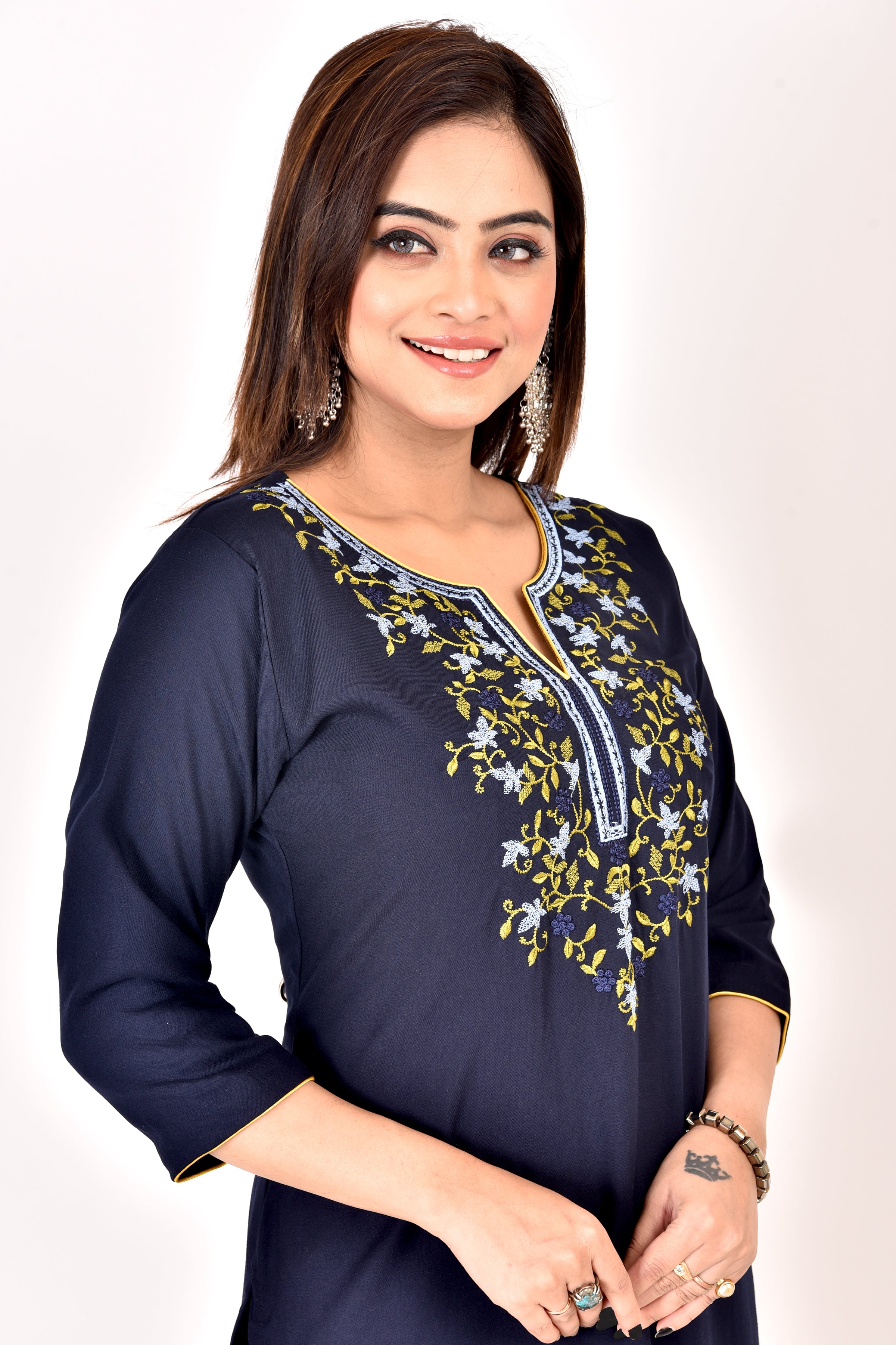 Navy Blue Floral Embroidered Kurta With Palazzo – Rozaara